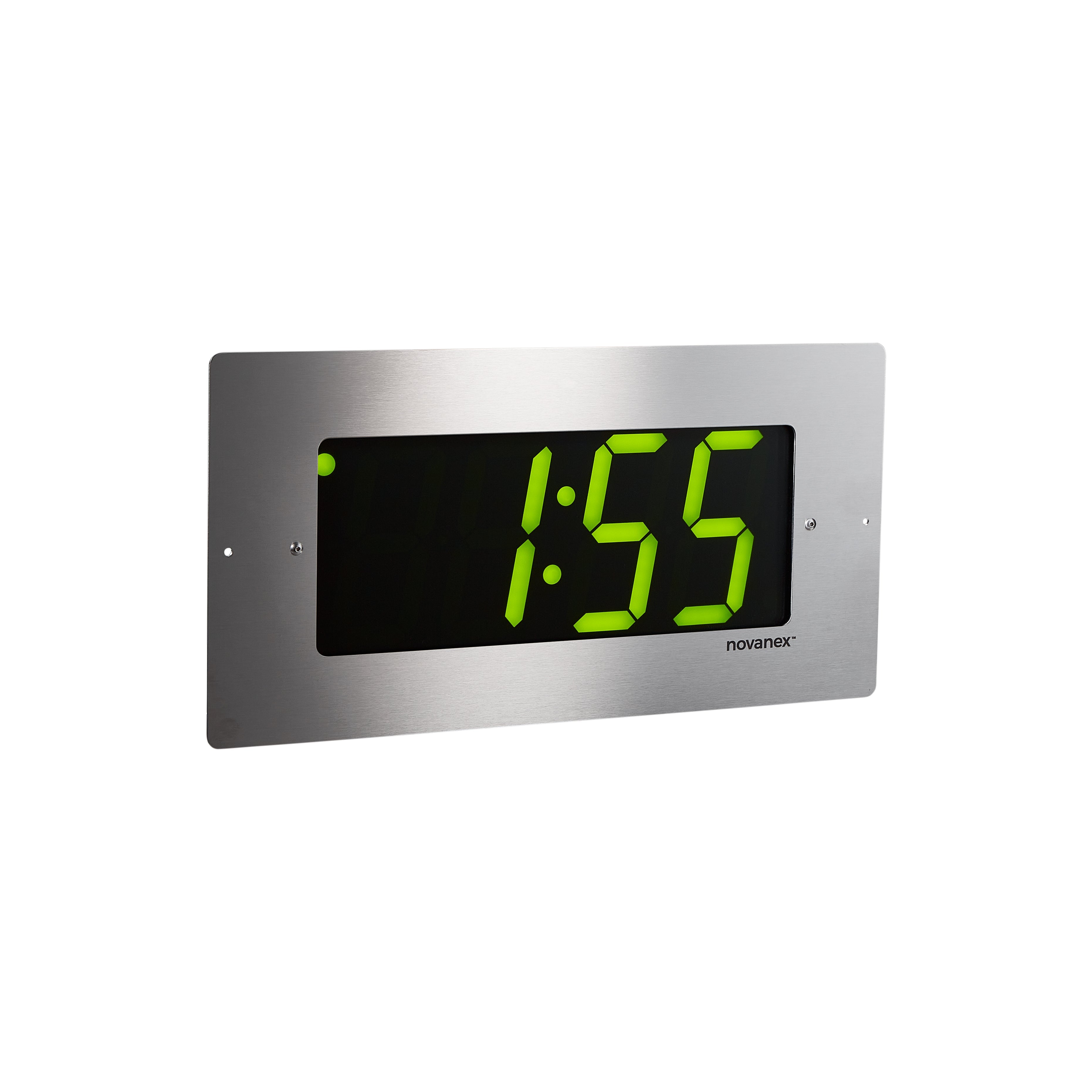 PoE clock for recessed mounting, green LEDS, stainless steel faceplate