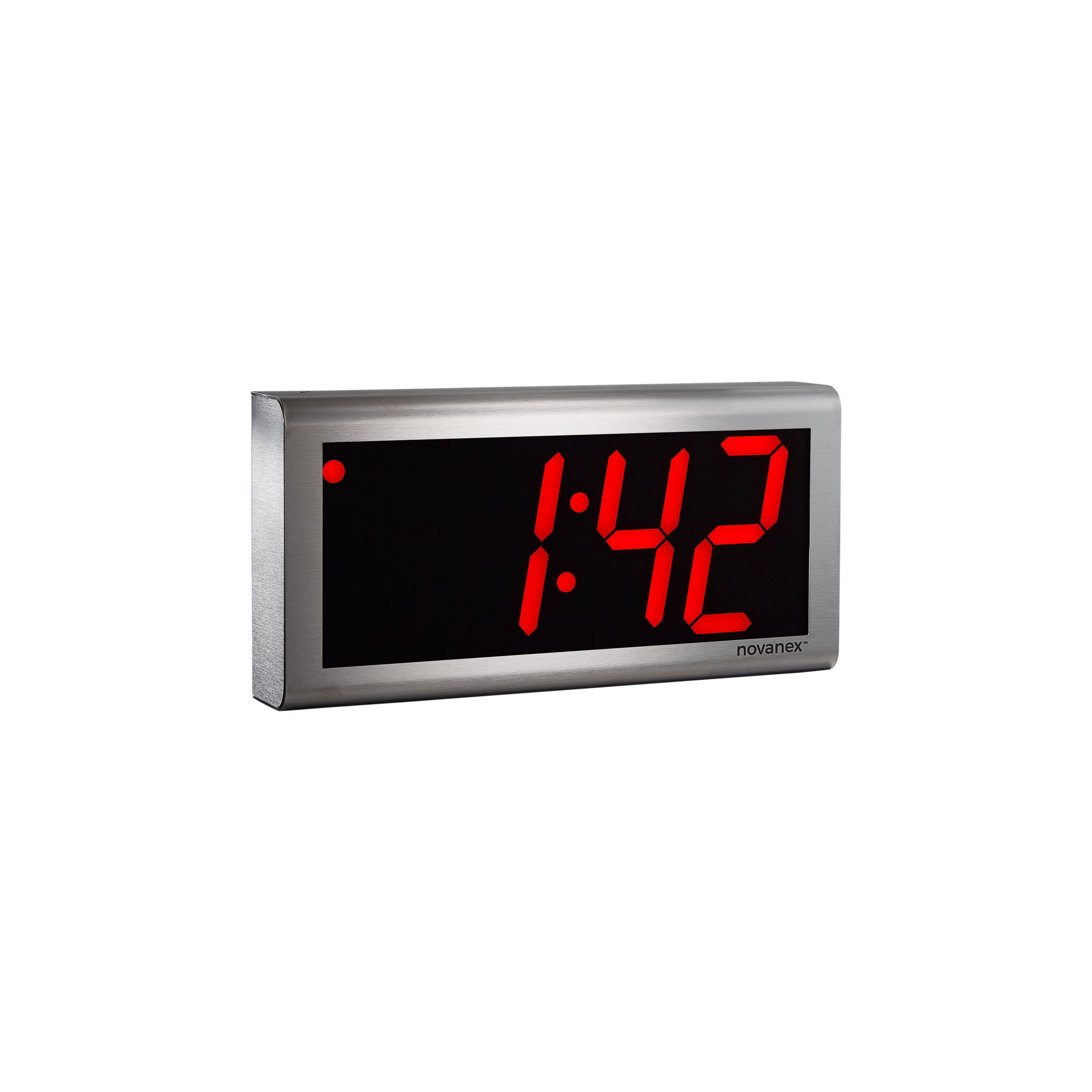 Four digit PoE clock with red LEDs and stainless steel case
